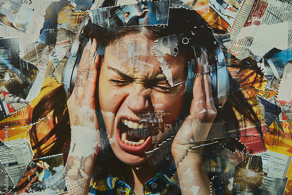 Magazine collage depicting a stressed and overwhelmed girl covering her ...