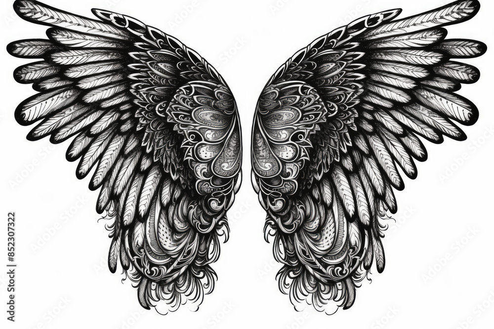 Wings. Hand drawn illustration of wings. Tattoo art. Black and White ...
