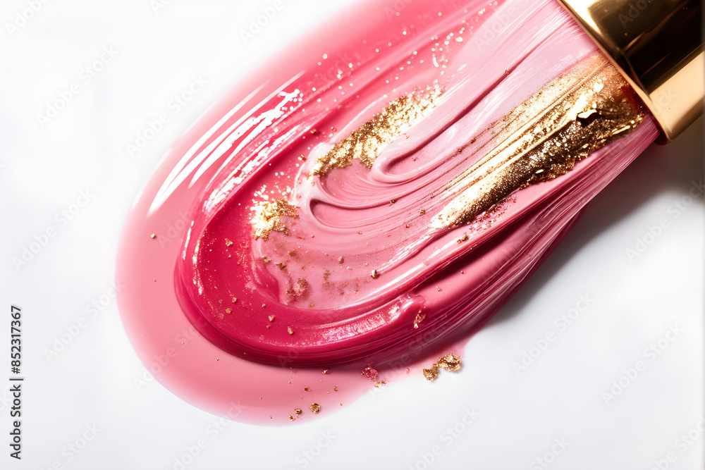 Pink gold lip gloss texture composition isolated on white background ...