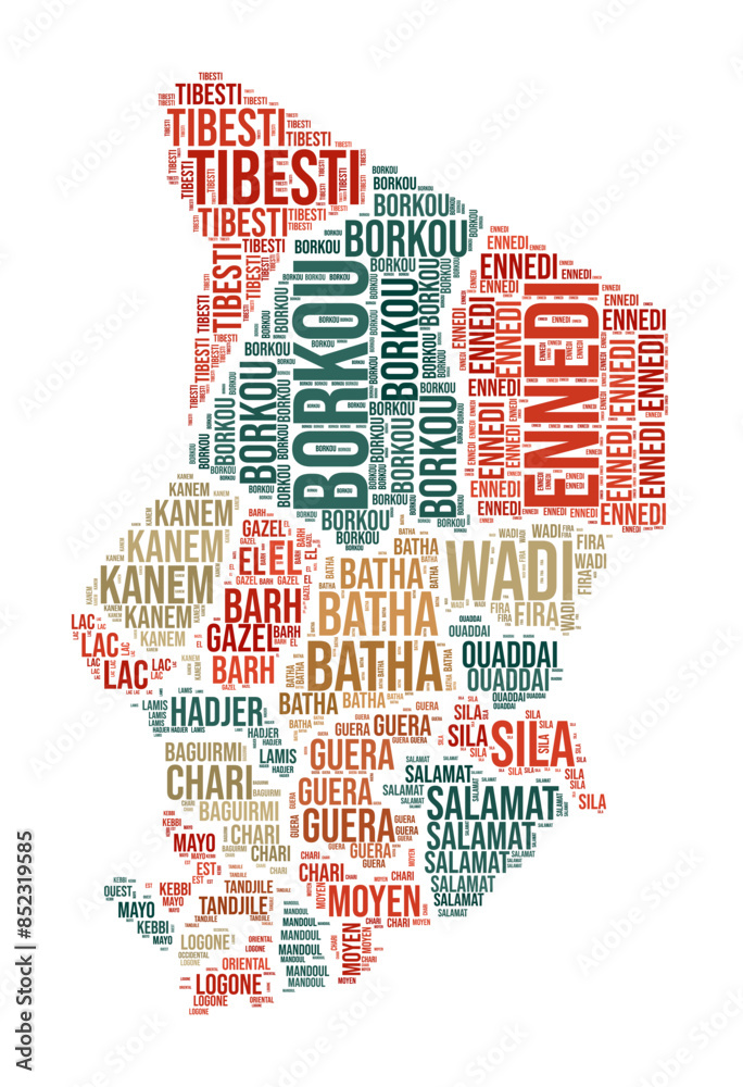 Chad Word Cloud. Country shape with region division. Chad typography ...