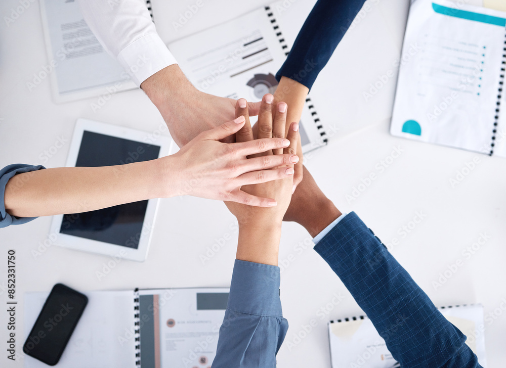 Teamwork, documents and business people with hands in stack for ...