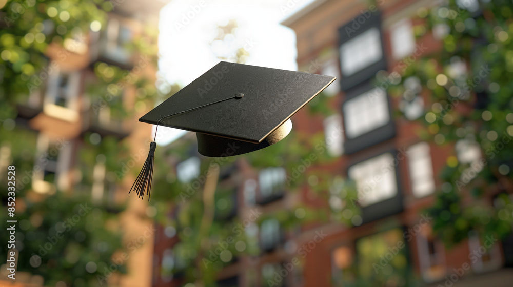 graduation caps floating in the air in the background of campus ...