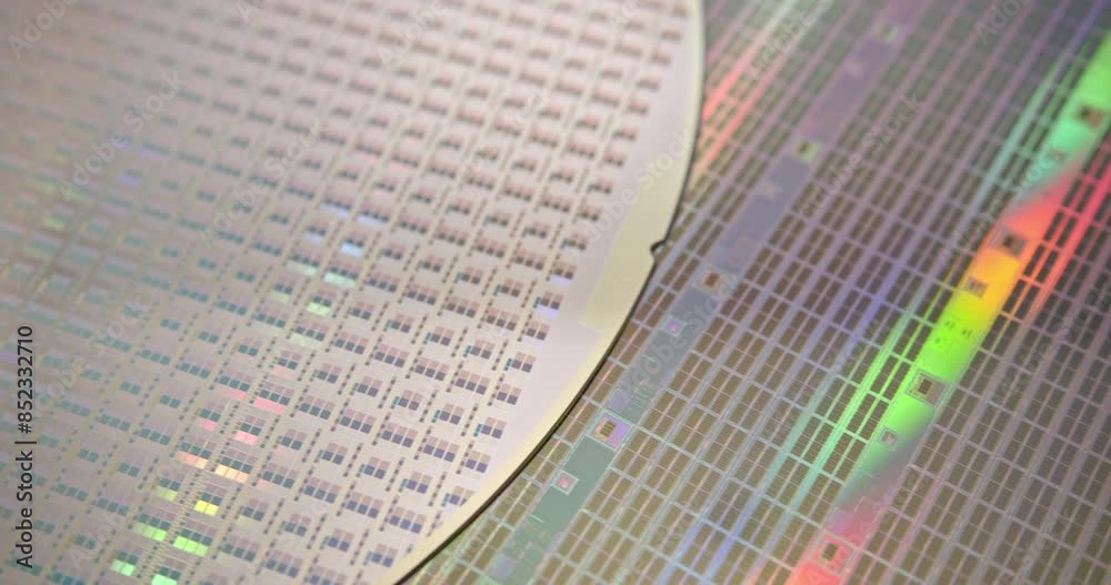 A close-up view of a silicon wafer's microprocessor circuit layout. The ...