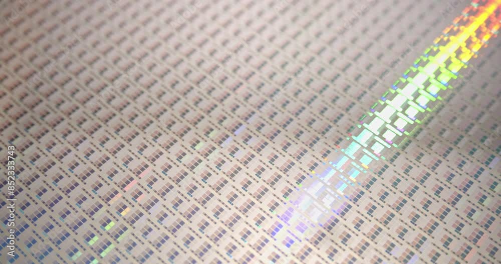 A close-up view of a silicon wafer's microprocessor circuit layout. The ...