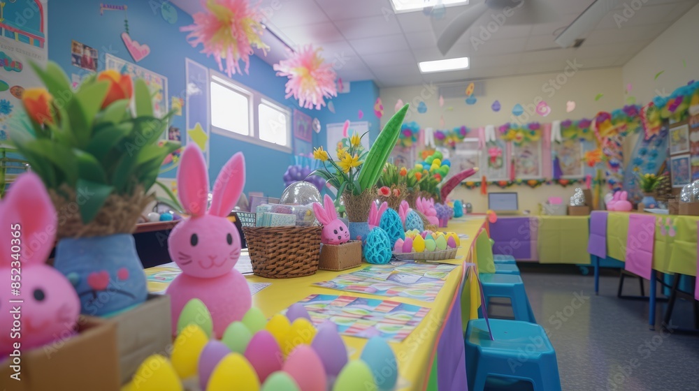 Photography of classroom decorated with colorful paper in easter egg ...