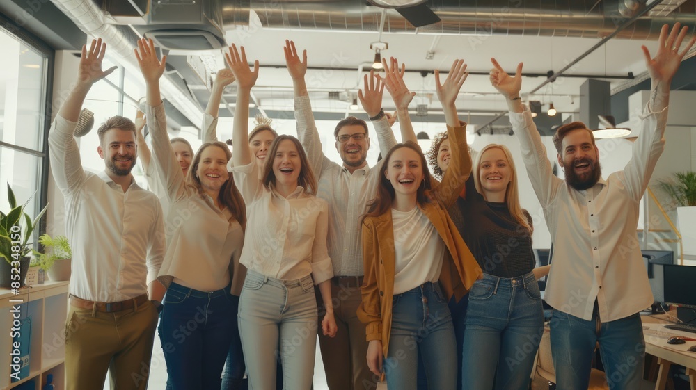 Group of office worker raising hands up in the sky to celebrate ...