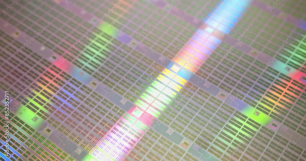 A close-up view of a silicon wafer's microprocessor circuit layout. The ...