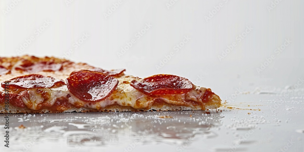 Perfectly captured, a solitary piece of pepperoni pizza with melted ...