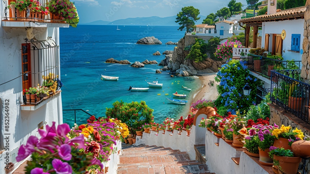 Charming Spanish coastal town, colorful flowers bloom by fences with ...