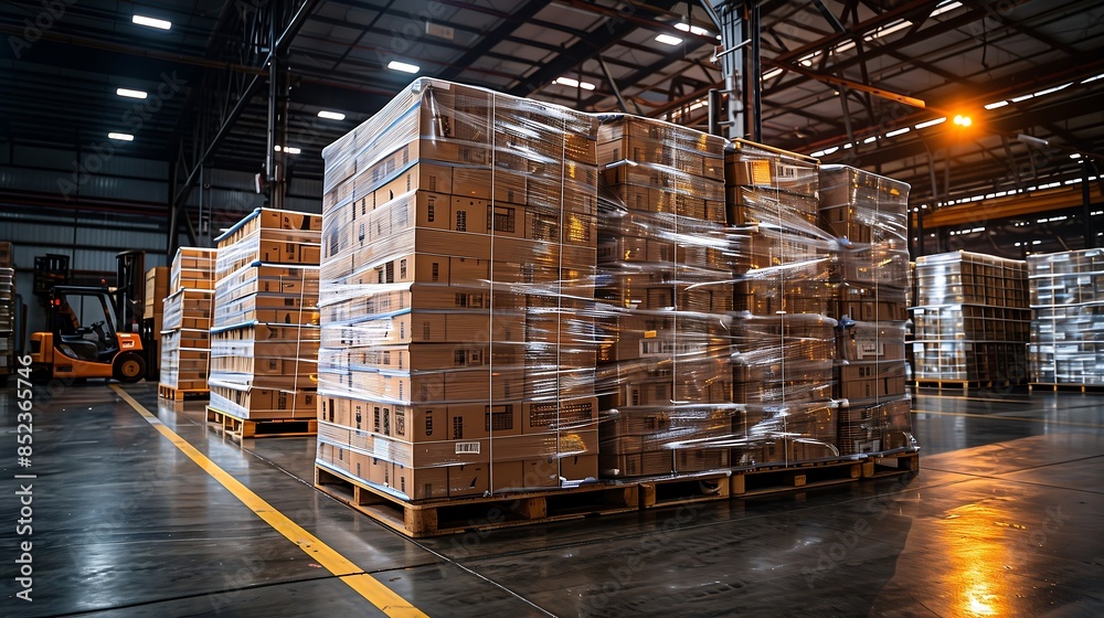Large cargo shipment pallets stacked high with cardboard boxes wrapped ...