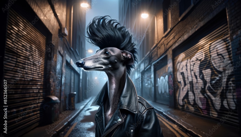 A greyhound with a dramatic dark mohawk, wearing a black leather jacket ...