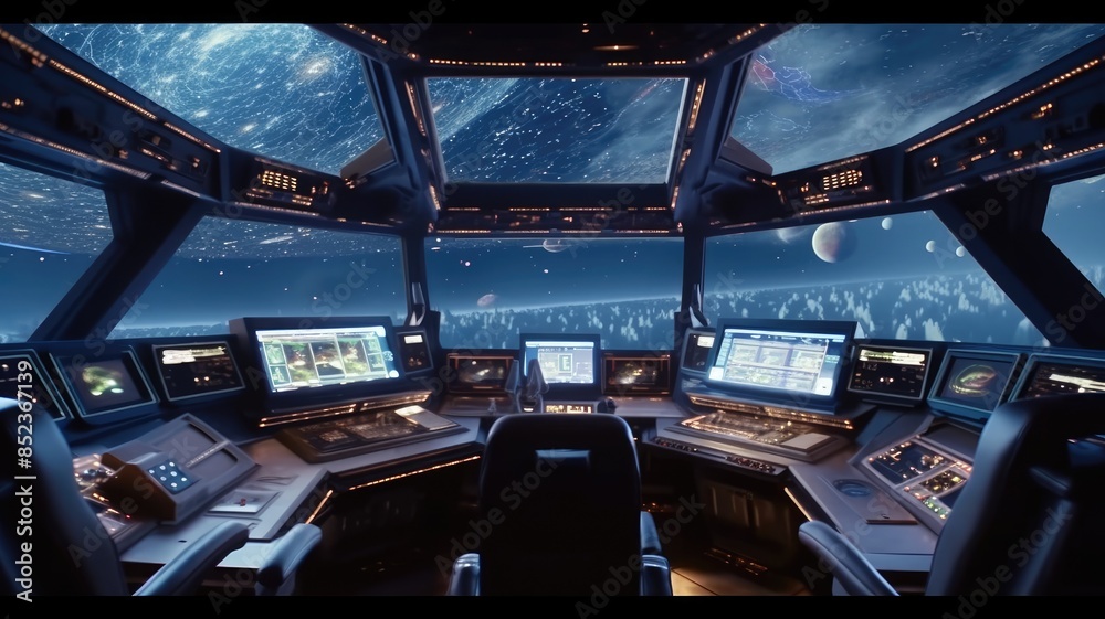 Futuristic spaceship cockpit interior with a view of space station and stars. A large spaceship ...