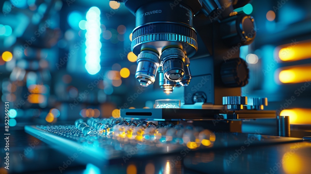 Cutting-edge digital microscope in a blue-lit medical lab, highlighting ...