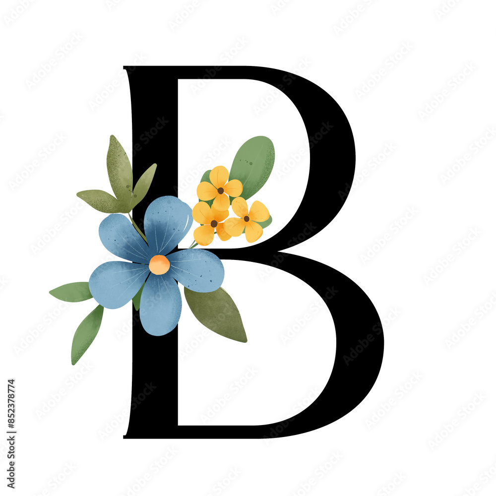Letter B, floral monogram with watercolor flowers and leaf. Letterhead ...