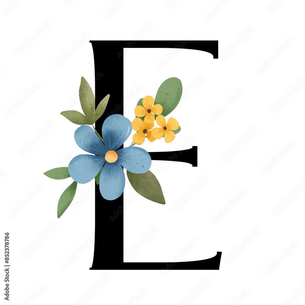 Letter E, floral monogram with watercolor flowers and leaf. Letterhead ...