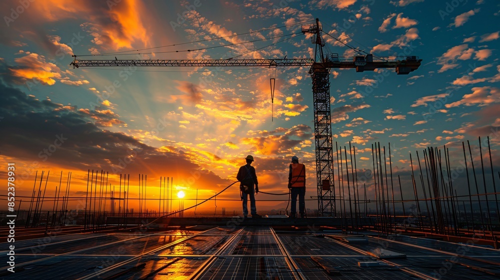 Construction project foregrounded by solar panels, illustrating the ...