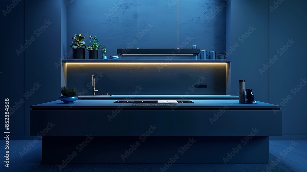 A contemporary kitchen island equipped with a built-in smart induction ...