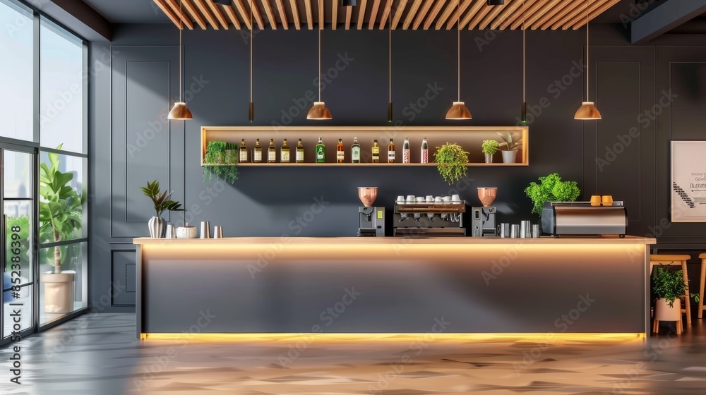 Colored coffee shop interior with bar counter and cash desk, panoramic ...