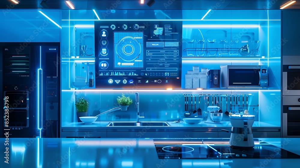 A futuristic kitchen setup with a holographic meal planning interface ...