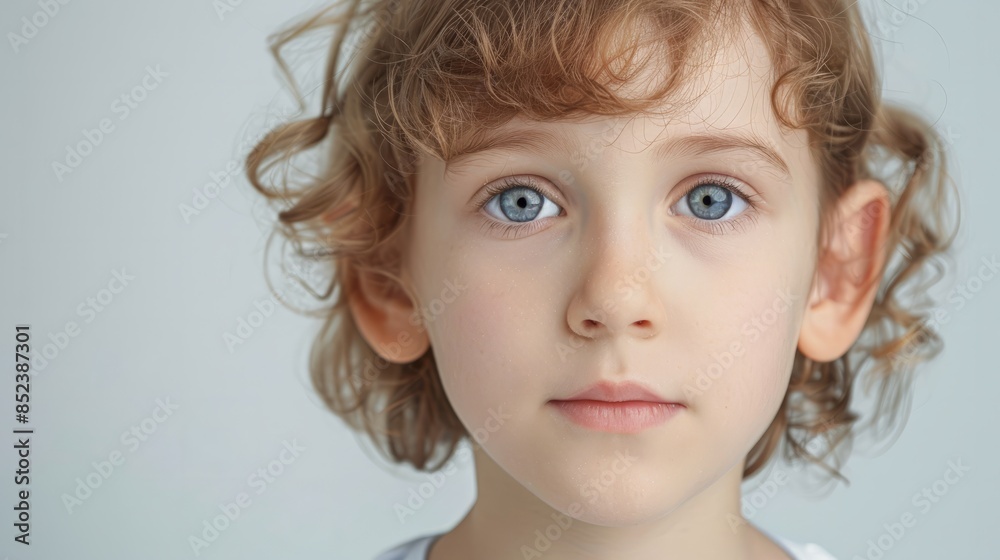 Cute young child with prominent protruding ears on a light background ...