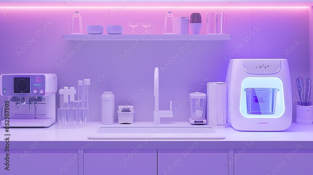 A futuristic kitchen setup with a self-sanitizing smart sink, automated ...