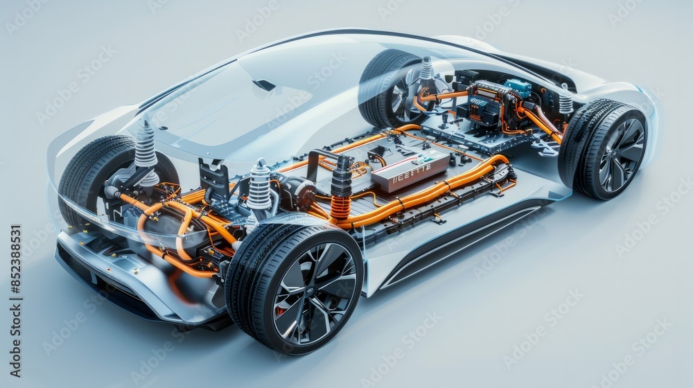 Electric car technical cutaway with all main details of EV system in ...