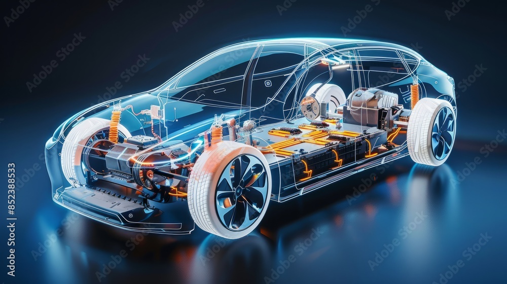 Electric car technical cutaway with all main details of EV system in ...