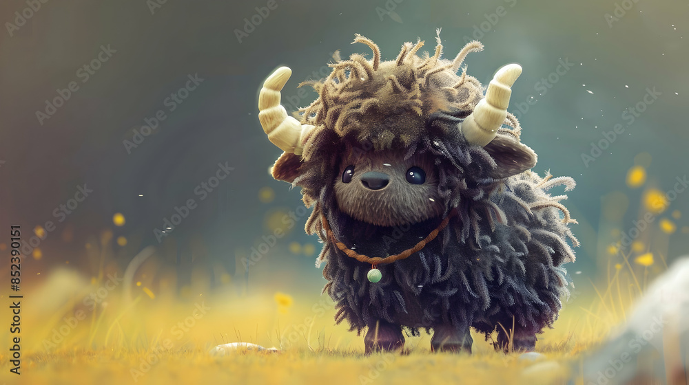 Cute Fluffy Yak Illustration in a Field of Yellow Grass Stock ...