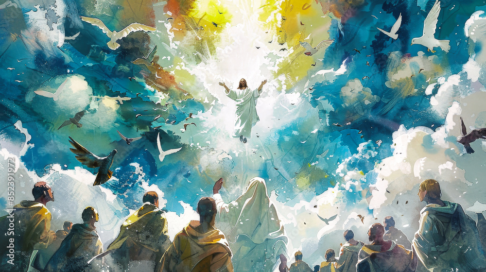 A Painting Depicts The Ascension Of Jesus Christ Into Heaven