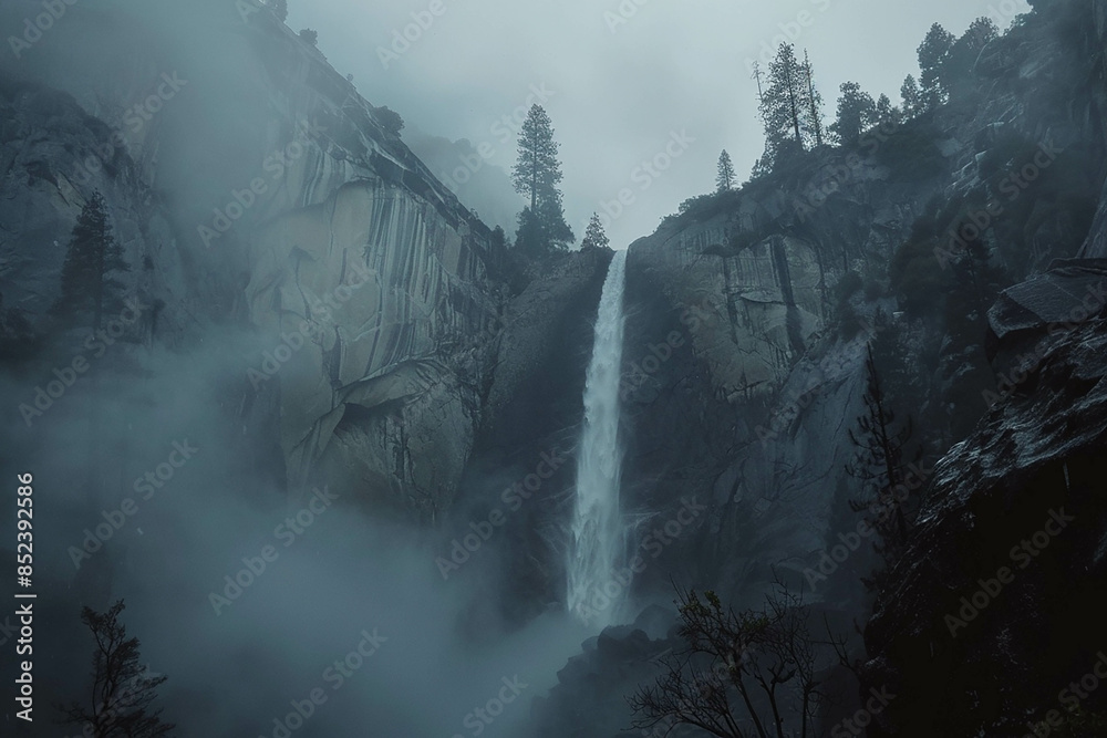 Yosemite waterfall in winter, misty morning, low angle shot, grain film ...