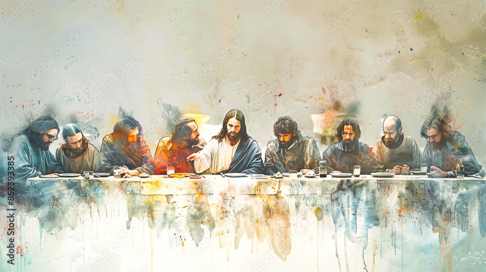 A modern depiction of the Last Supper, featuring Jesus and his ...