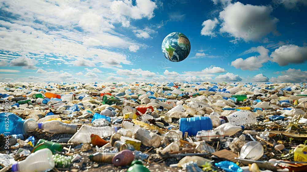 Plastic Pollution Landscape with Earth Illustration in the Sky Stock ...