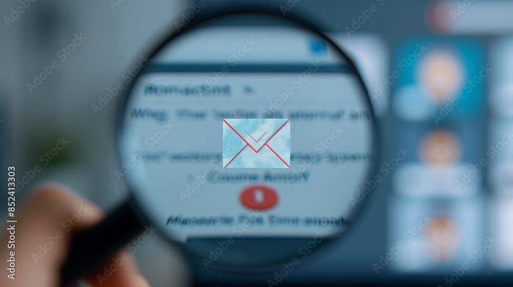 Magnifying glass zooming in on red email icon with warning sign on ...