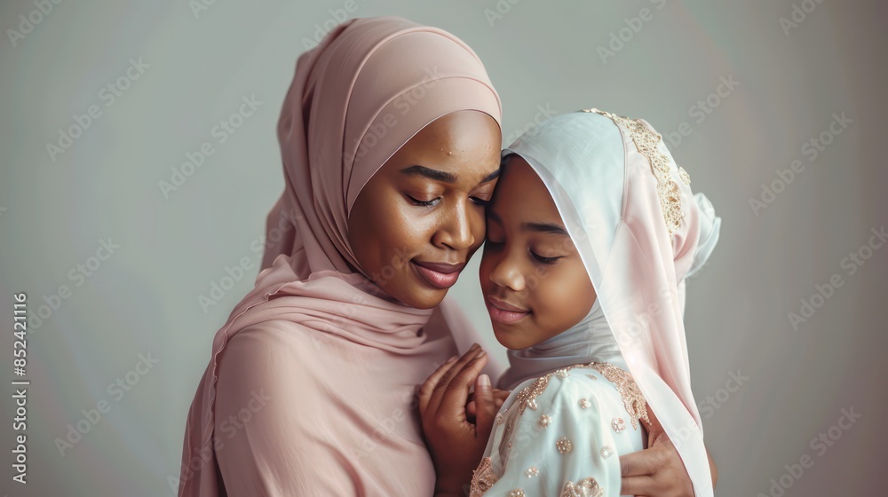 Smiling muslim mother wearing a hijab doing a family arts and crafts ...