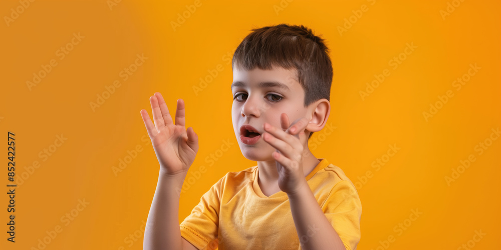 A deaf austic boy looking at the camera and using sign language to say ...
