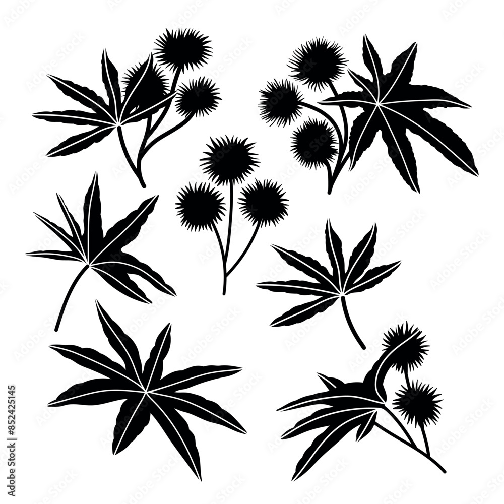 Castor leaves and fruits silhouette stencil templates Stock Vector ...