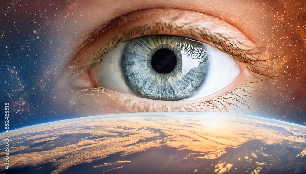 Surreal depiction of a human eye gazing over a planet with a cosmic ...