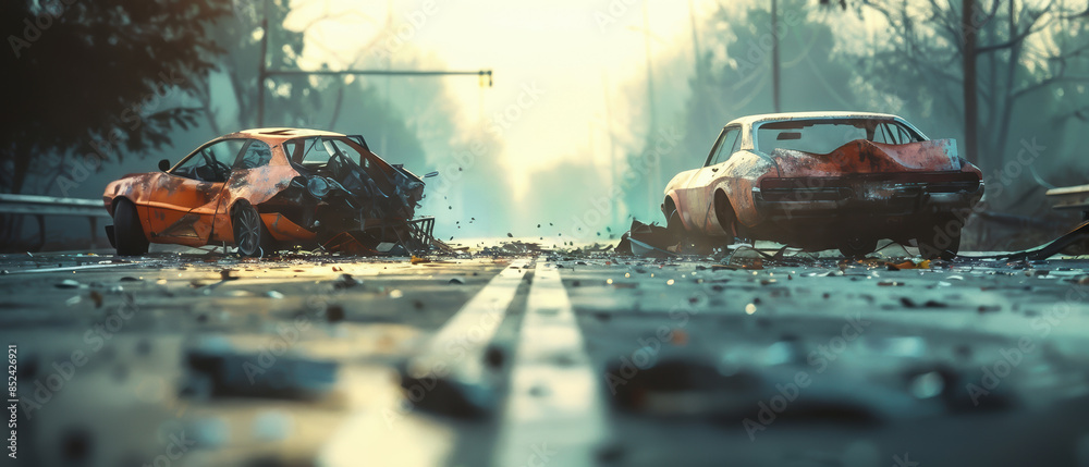 Two severely damaged cars on a deserted road, surrounded by debris with ...