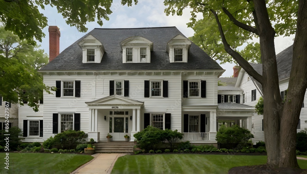 early 20th century white clapboard center entry colonial mansion with ...
