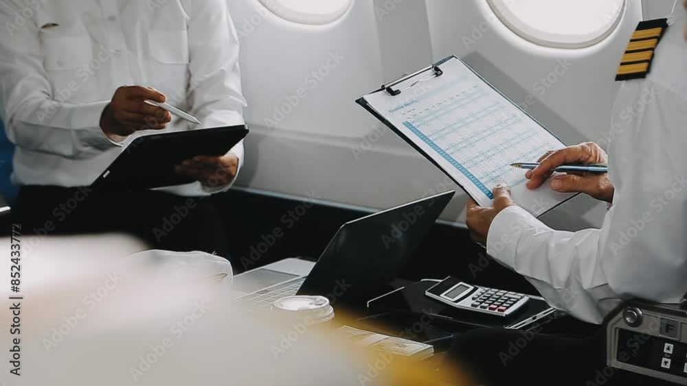 Young pilot man in uniform talking with business man about aviation ...