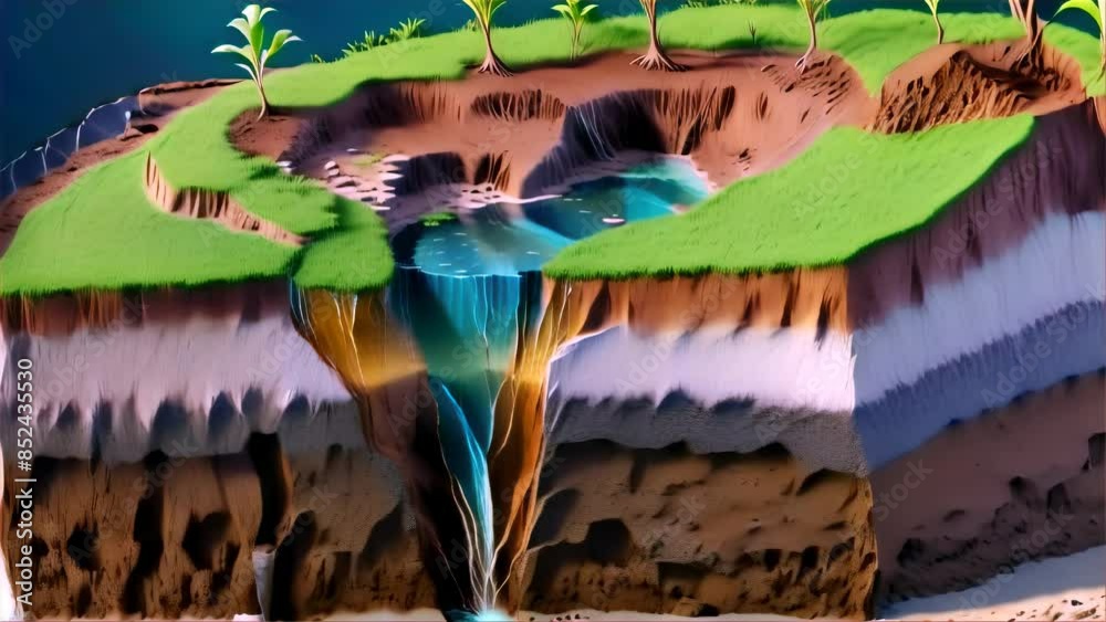 A detailed 3D rendered illustration of a tropical island cross-section ...