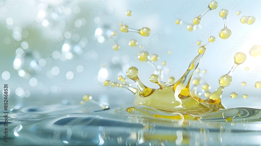 Water drop falling down on surface. Collagen, vitamin or serum drop ...