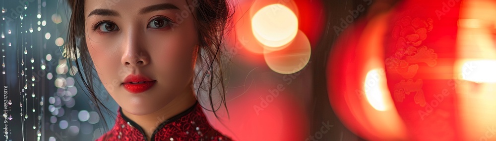 An elegant modern cheongsam made from luxurious lace fabric, with a ...