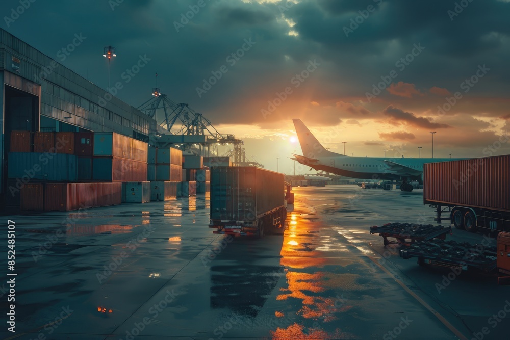 cargo plane, logistic import export background, goods truck with cargo ...