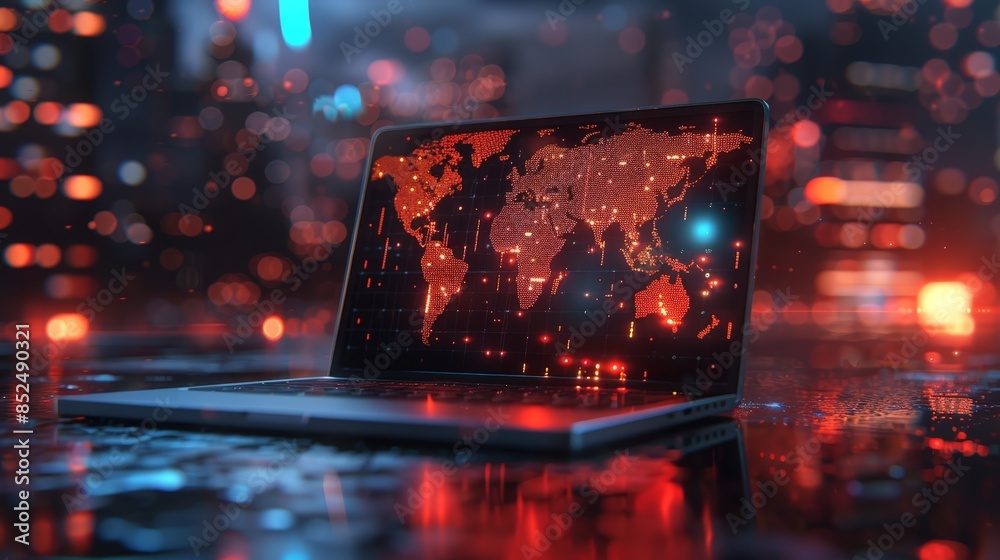 Laptop With World Map For Data Processing Complexity Graphs And Analytical Diagrams In