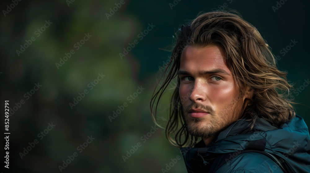 Rugged Look for a Male Model with Long Hair in Outdoor Setting Stock ...