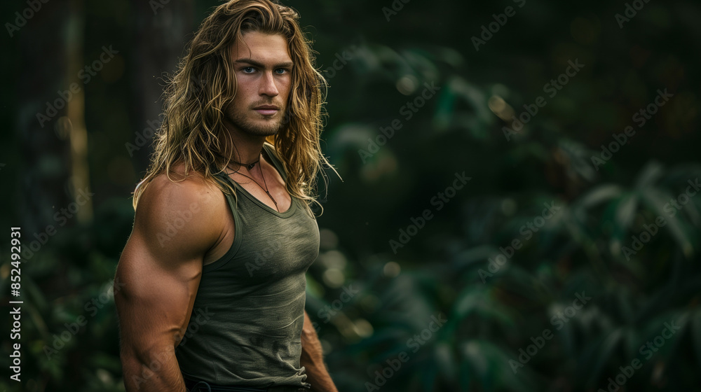 Rugged Look for a Male Model with Long Hair in a Forest Setting Stock ...