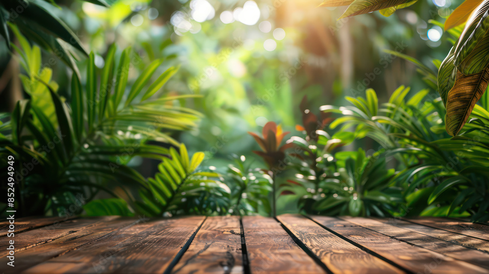 Wood tabletop podium floor in outdoors tropical garden forest, green ...