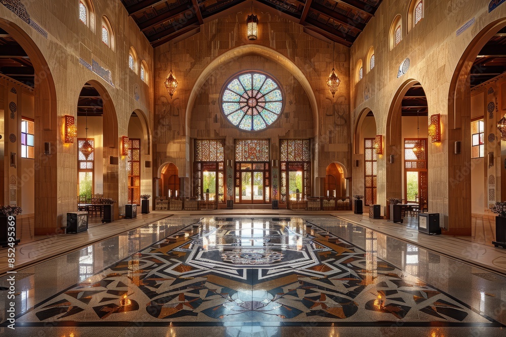 A panoramic photo showcasing the interior of a temple, featuring a ...