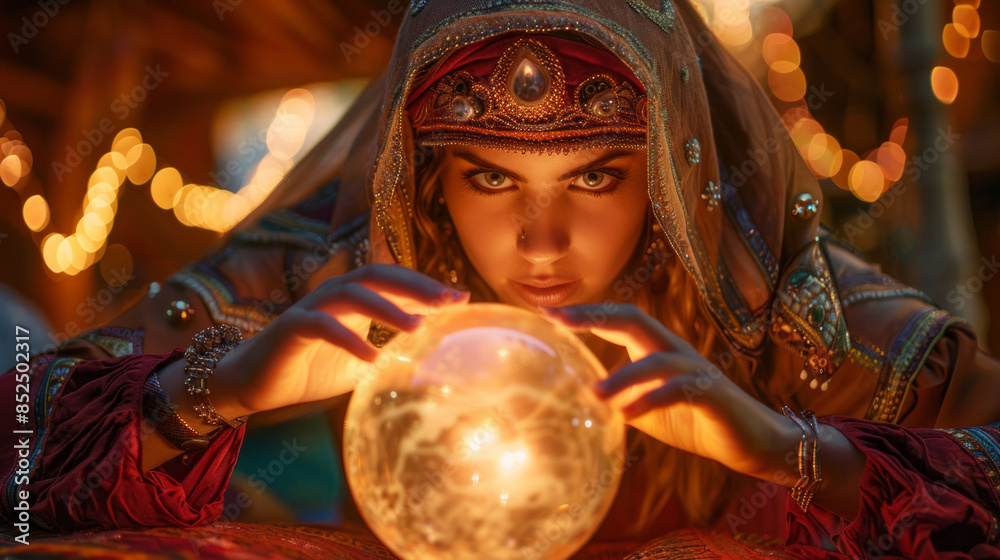 Gypsy fortune teller with veil headdress and costume gazing into a ...